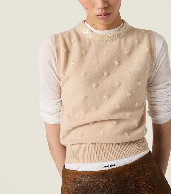 Miu Miu Cashmere Embellished Knit Waistcoat - Neutral