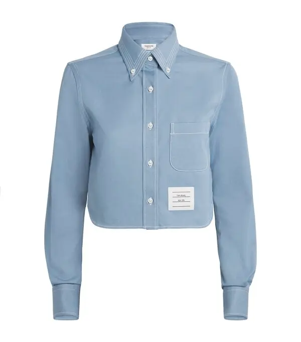 Thom Browne Denim Cropped Shirt With Name Tag Patch - Blue