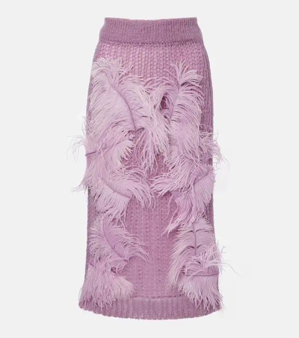 Attico Feather-trimmed Knitted Midi Skirt In Light Mauve - Purple