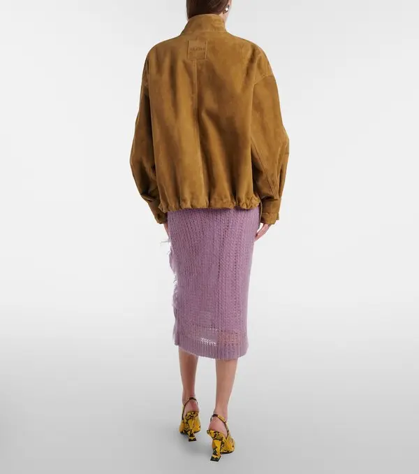 Attico Feather-trimmed Knitted Midi Skirt In Light Mauve