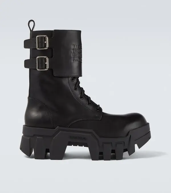 Balenciaga Bulldozer Debossed Leather Combat Boots - Black