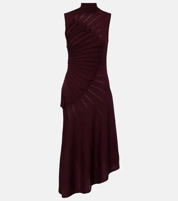 Alaïa Asymmetrical Pleated Midi Dress - Burgundy