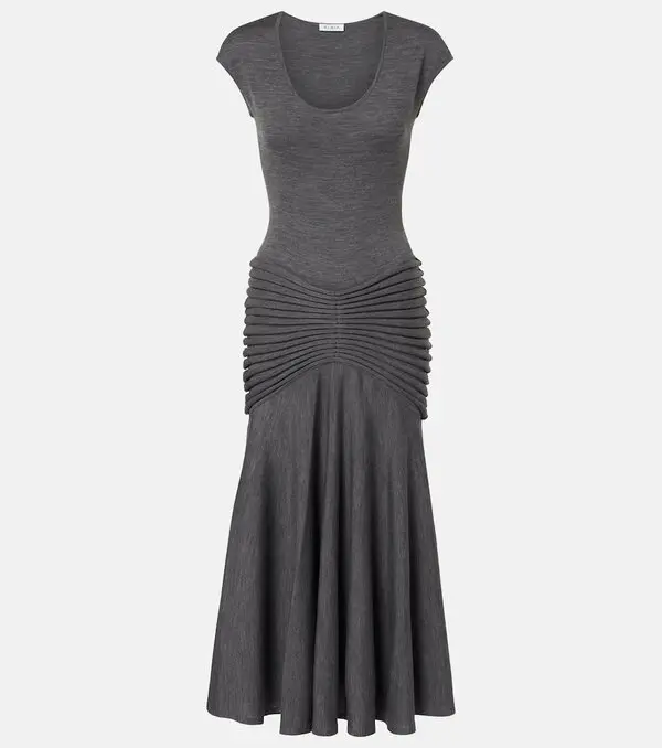 Alaïa Knitted Pleated Wool Midi Dress - Grey