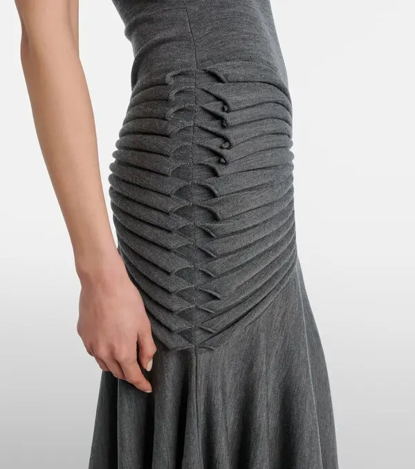 Alaïa Knitted Pleated Wool Midi Dress - Grey