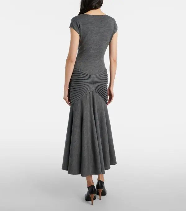 Alaïa Knitted Pleated Wool Midi Dress - Grey