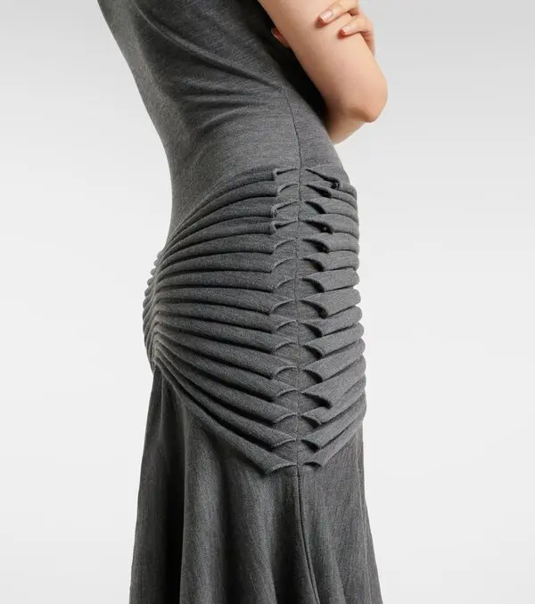 Alaïa Knitted Pleated Wool Midi Dress - Grey