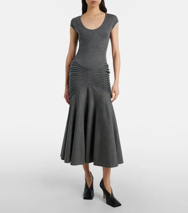 Alaïa Knitted Pleated Wool Midi Dress - Grey