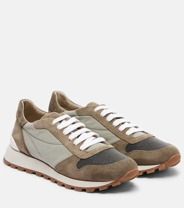 Brunello Cucinelli Monili Suede And Fabric Lace-up Sneakers - Green