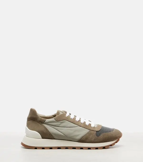 Brunello Cucinelli Monili Suede And Fabric Lace-up Sneakers