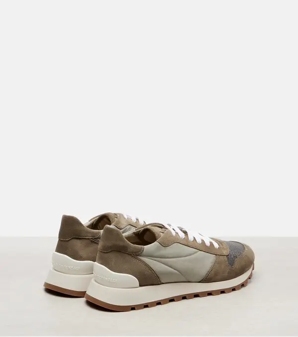 Brunello Cucinelli Monili Suede And Fabric Lace-up Sneakers