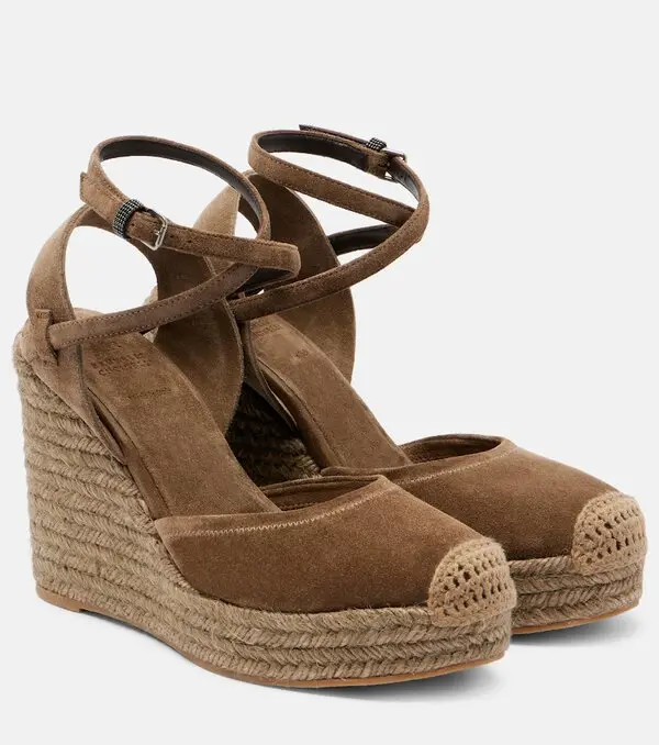 Brunello Cucinelli Monili Suede Espadrille Wedges