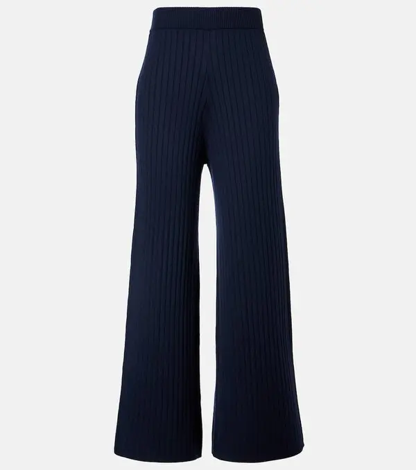 Brunello Cucinelli Ribbed-knit Wool And Cashmere Wide-leg Pants - Blue