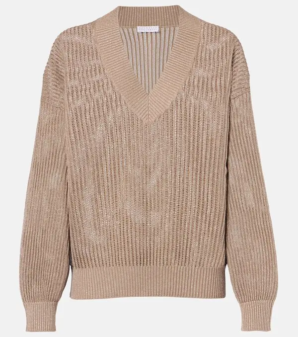 Brunello Cucinelli Cotton-blend Lame V-neck Sweater - Brown