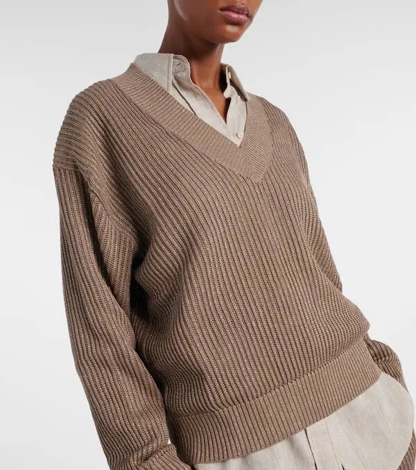 Brunello Cucinelli Cotton-blend Lame V-neck Sweater