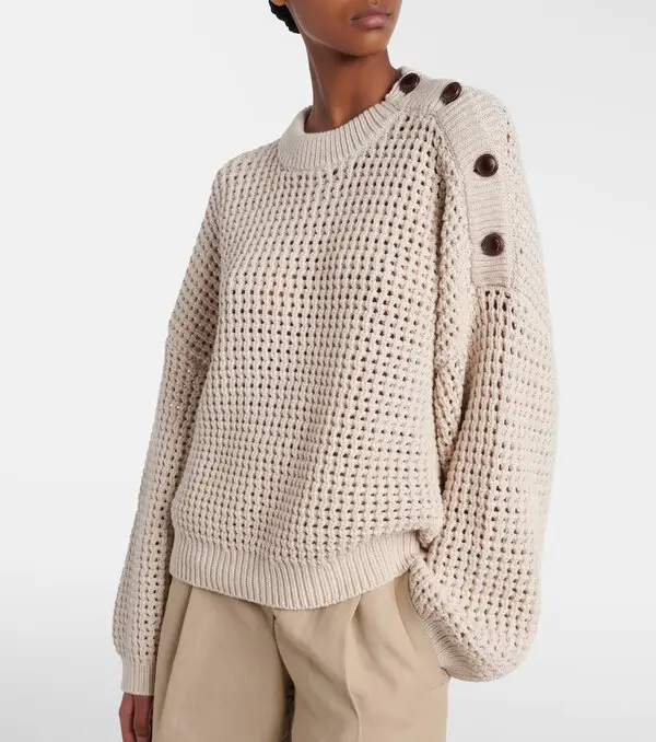 Brunello Cucinelli Cotton-blend Sweater With Buttoned Shoulder - Beige