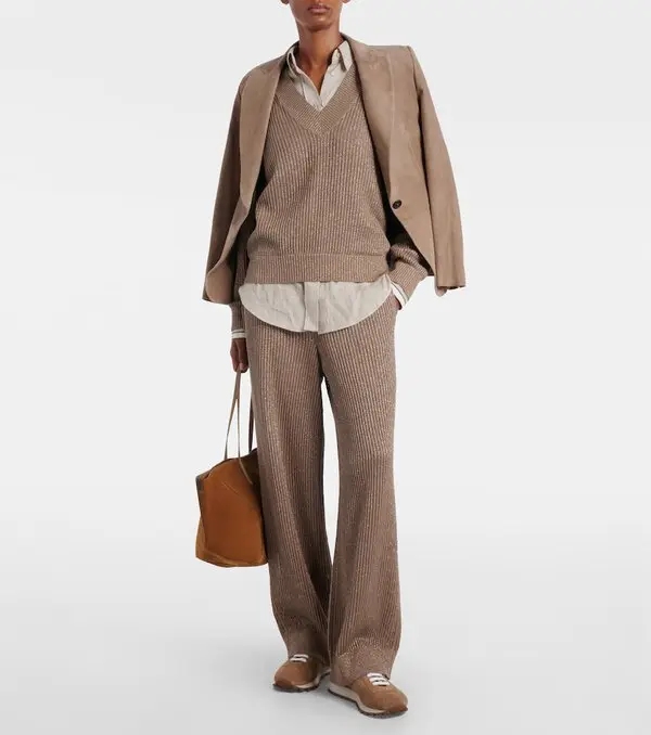 Brunello Cucinelli Ribbed-knit Cotton-blend Wide-leg Trousers