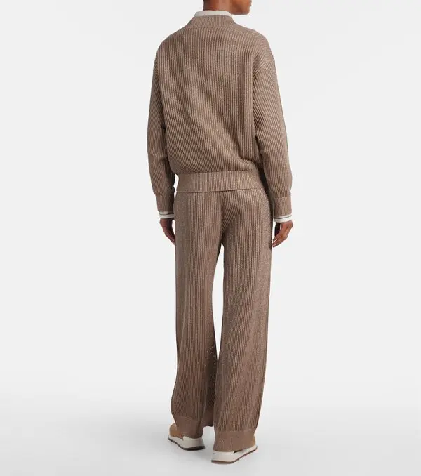 Brunello Cucinelli Ribbed-knit Cotton-blend Wide-leg Trousers