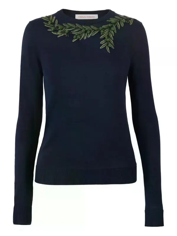 Carolina Herrera Olive Branch Embroidered Crewneck Sweater - Blue