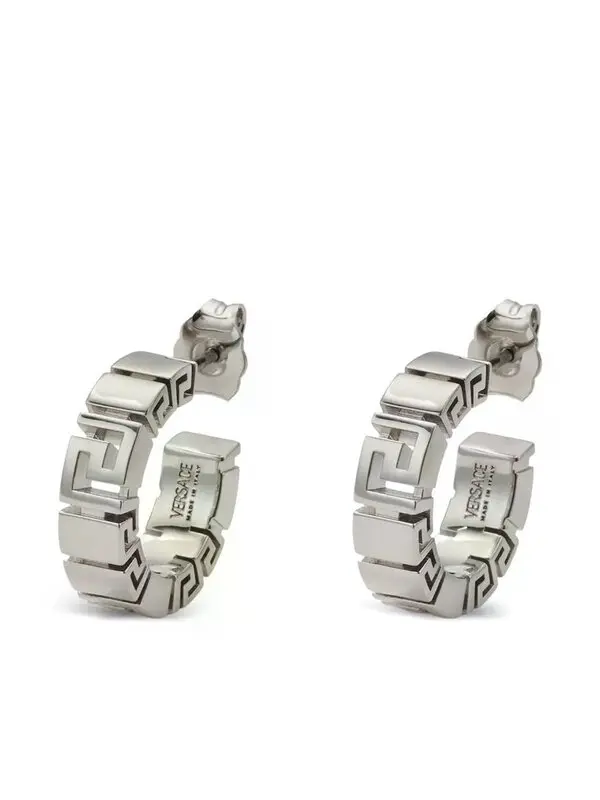 Versace Brass Greca Motif Hoop Earrings - Silver