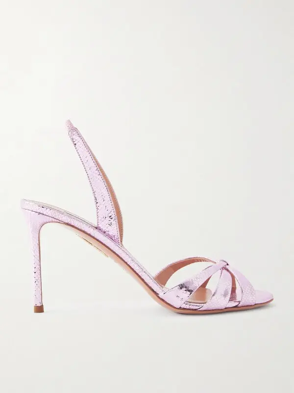 AQUAZZURA Tati 85 Metallic Snake-effect Leather Slingback Sandals - Pink