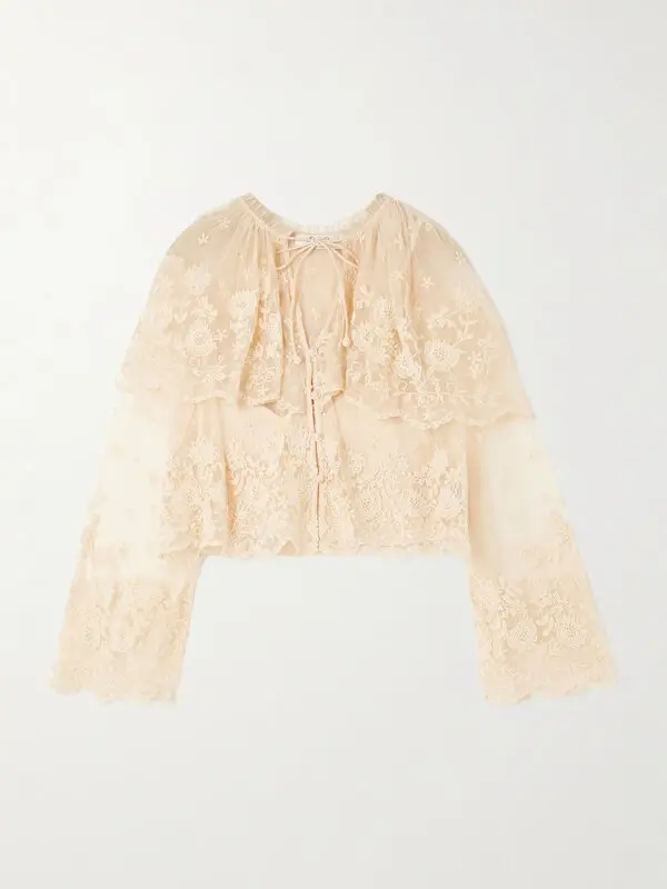 Sea Brontë Embroidered Tiered Mesh Blouse - Neutrals