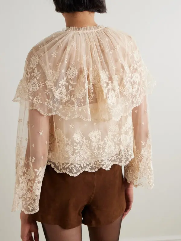 Sea Brontë Embroidered Tiered Mesh Blouse - Neutrals