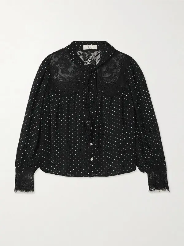 Sea Melody Polka Dot Lace Trimmed Crepe De Chine Blouse - Black
