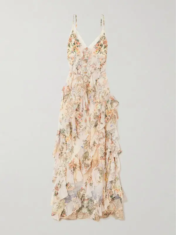 Camilla Lace-trimmed Ruffled Floral-print Silk-chiffon Maxi Dress - Multi