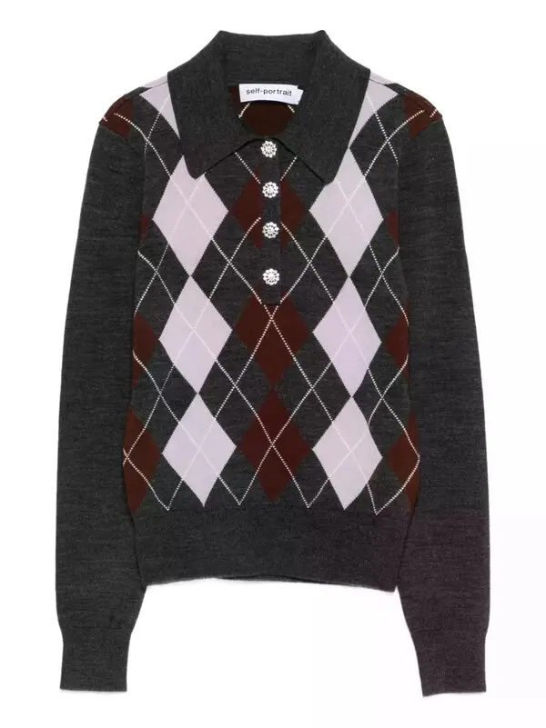 SELF-PORTRAIT Ribbed-knit Polo Top