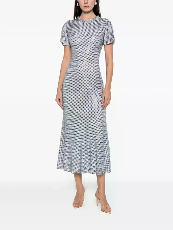 SELF-PORTRAIT Rhinestone Mesh Midi Dress With Asymmetric Neckline