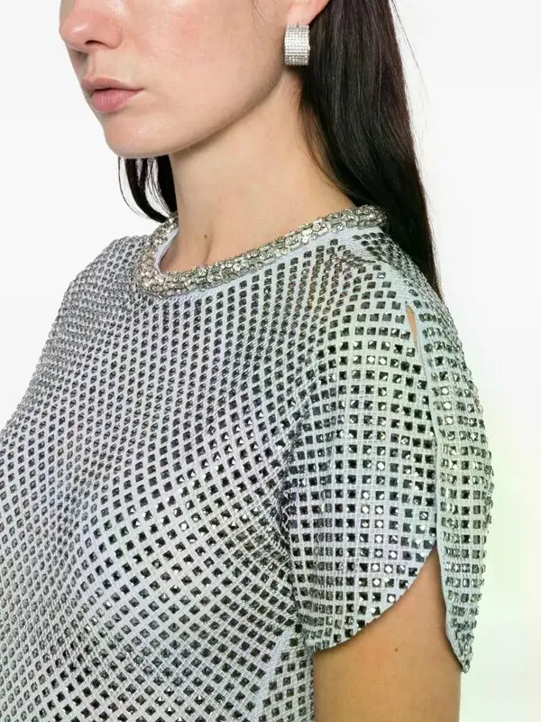 SELF-PORTRAIT Rhinestone Mesh Midi Dress With Asymmetric Neckline
