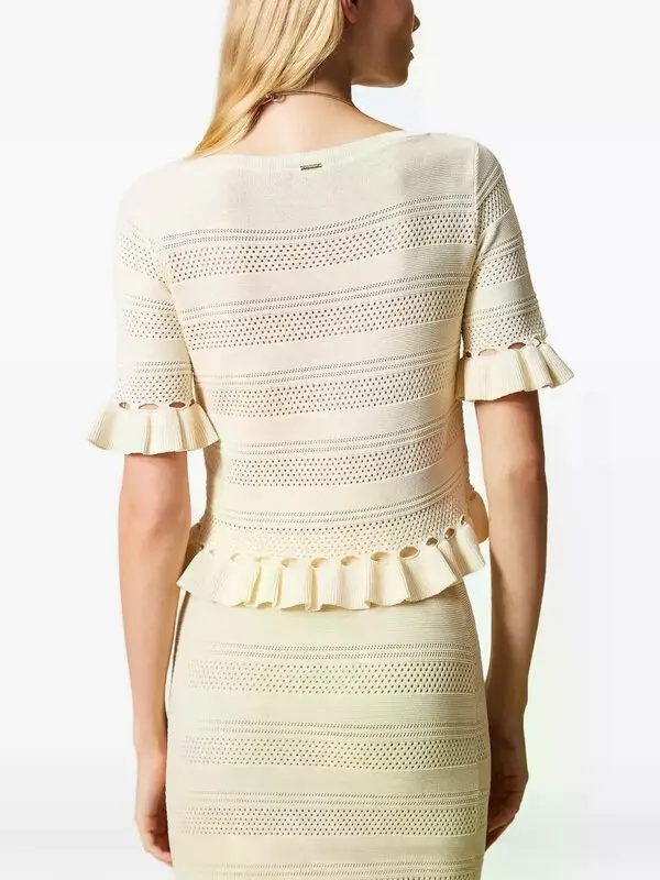 TWINSET Ruffled Short Sleeve Knit Top - Neutrals