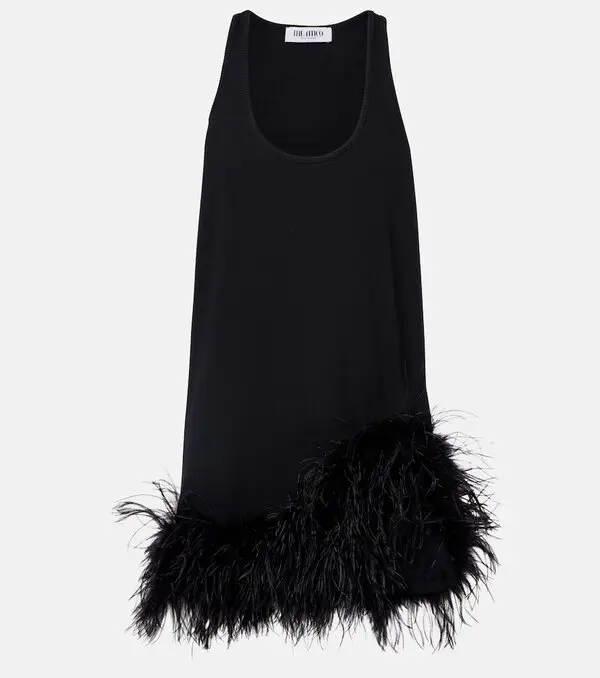 Attico Ribbed-knit Feather-trimmed Mini Dress - Black