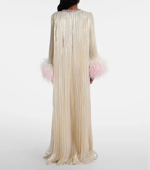 SELF-PORTRAIT Embellished Feather-trimmed Silk-blend Maxi Dress