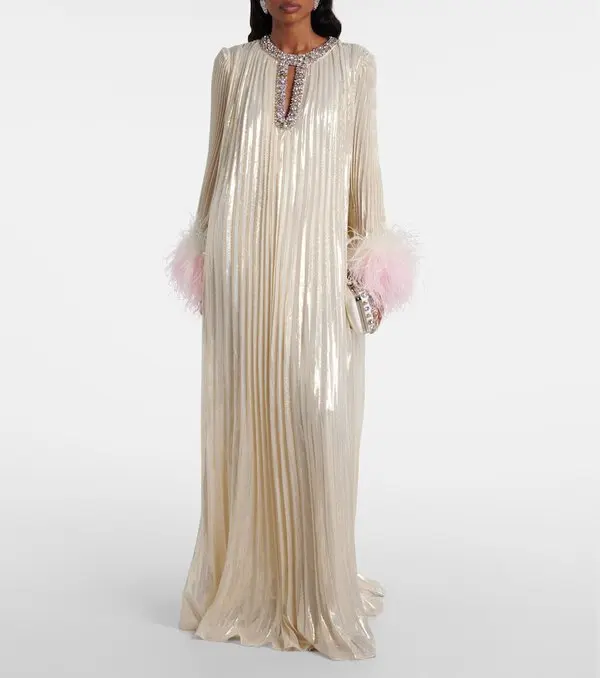 SELF-PORTRAIT Embellished Feather-trimmed Silk-blend Maxi Dress