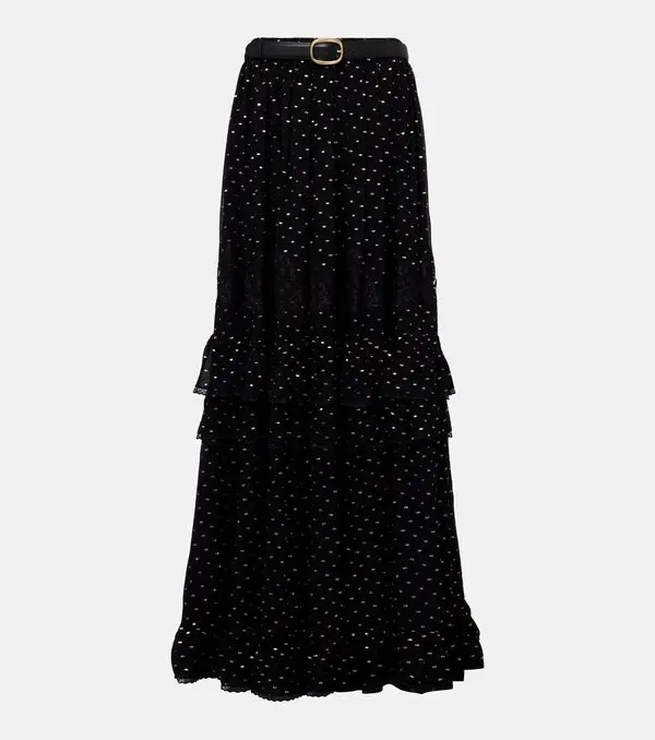 SELF-PORTRAIT Lace-trimmed Polka-dot Chiffon Maxi Skirt