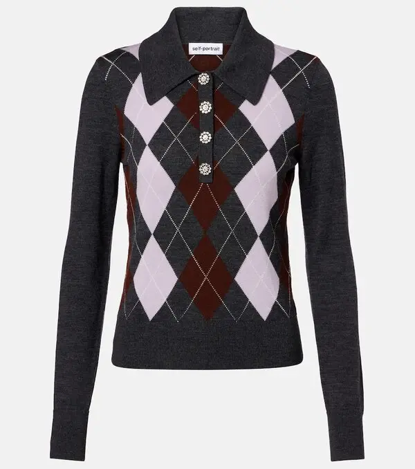 SELF-PORTRAIT Argyle Wool Polo Sweater