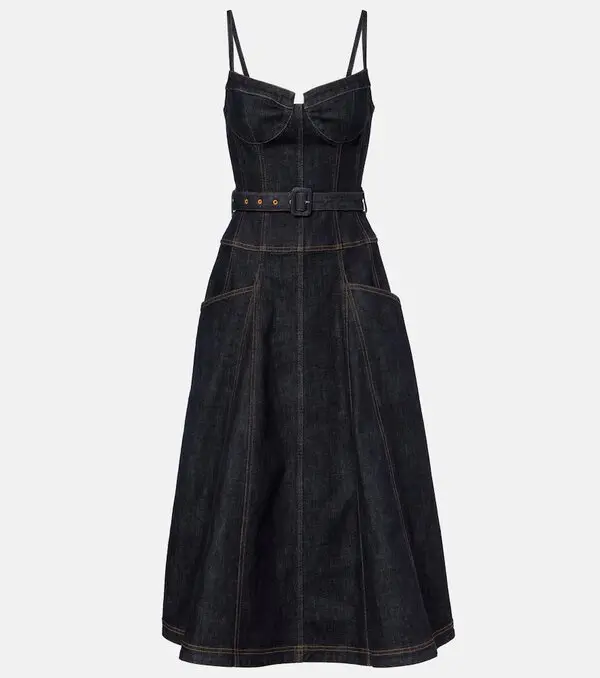 SELF-PORTRAIT Belted Denim Bustier Dress - Blue