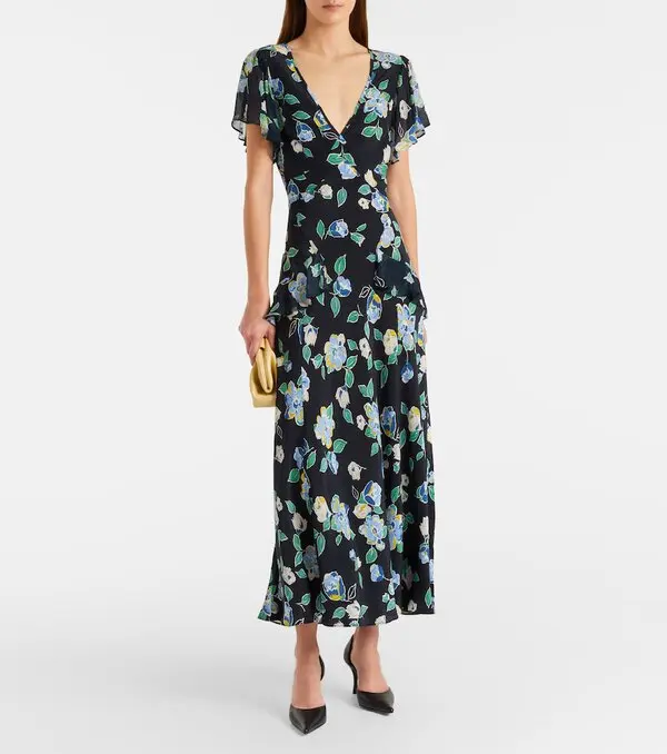 Rixo Kimmie Floral Silk Midi Dress