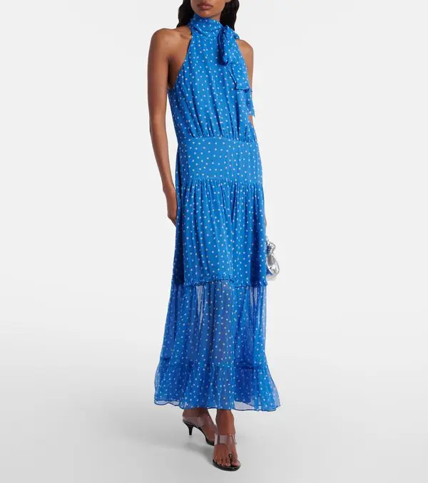 Rixo Layla Tie-neck Polka-dot Midi Dress - Blue