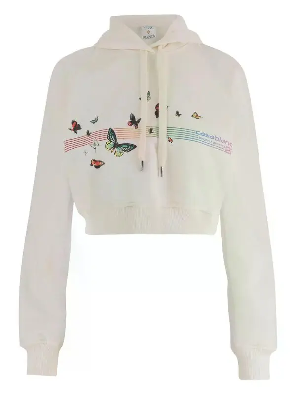 Casablanca Butterfly Print Cropped Hoodie - Neutrals