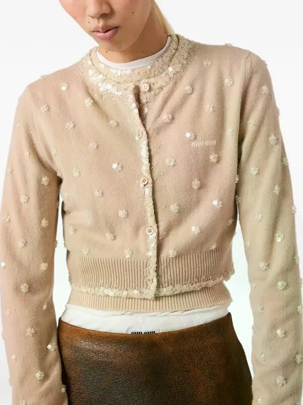 Miu Miu Embroidered Cashmere Cardigan - Neutrals
