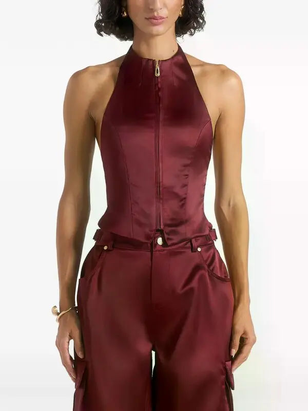Manière De Voir Claudette Halterneck Backless Satin Corset Top - Red