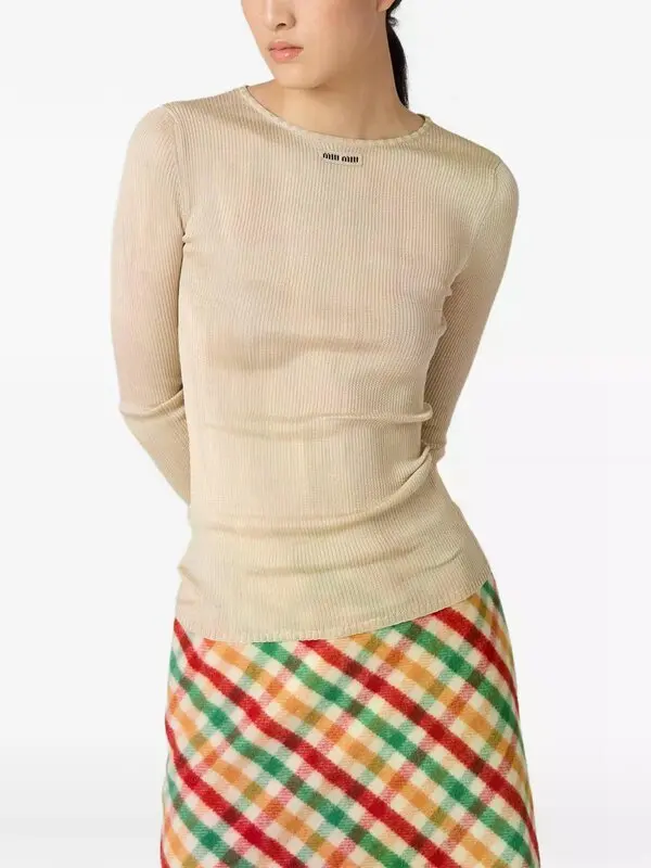 Miu Miu Silk Ribbed Crewneck Sweater - Neutrals