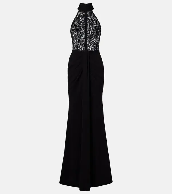 Rebecca Vallance Dixie Draped Halterneck Lace And Taffeta Gown - Black