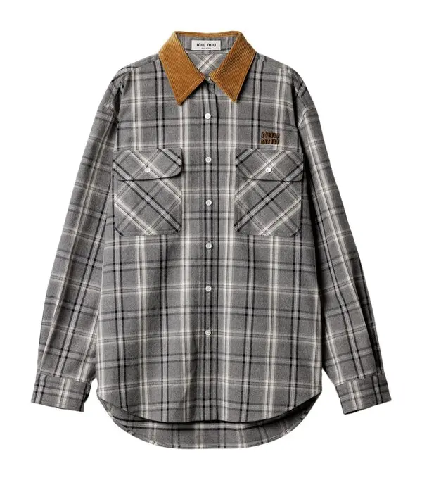 Miu Miu Cotton Flannel Shirt With Corduroy Collar - Grey