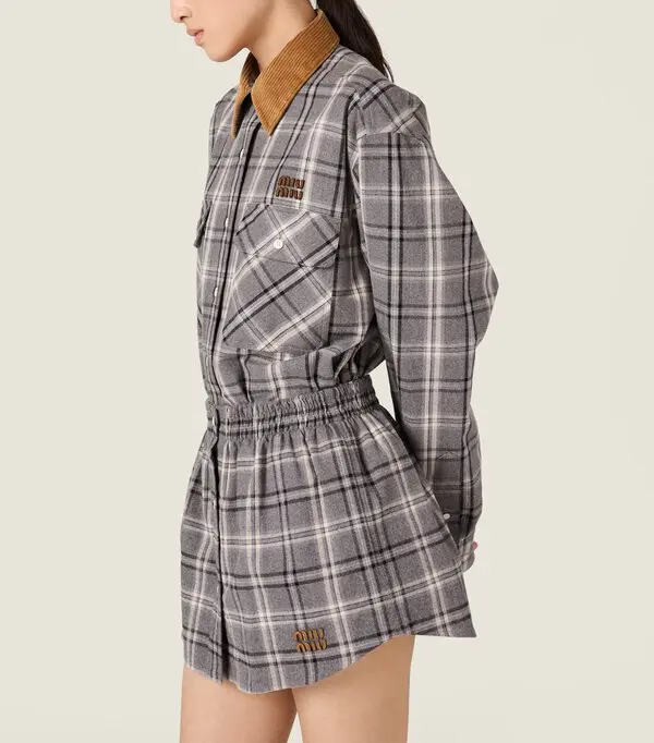 Miu Miu Cotton Flannel Shirt With Corduroy Collar - Grey