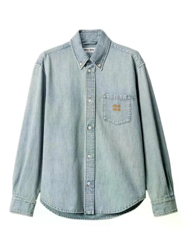 Miu Miu Chambray Denim Shirt With Embroidered Logo - Blue