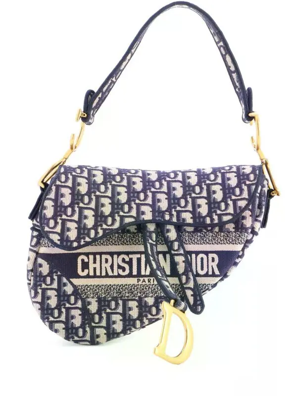 Dior Saddle Handbag Logo Embroidered Oblique Canvas Medium Shoulder Bag - Blue