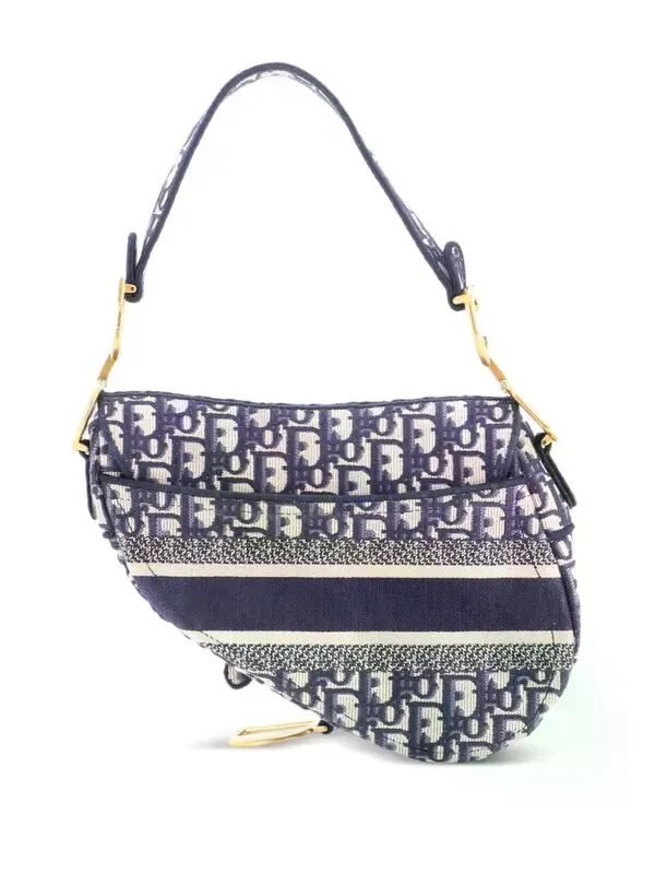 Dior Saddle Handbag Logo Embroidered Oblique Canvas Medium Shoulder Bag - Blue